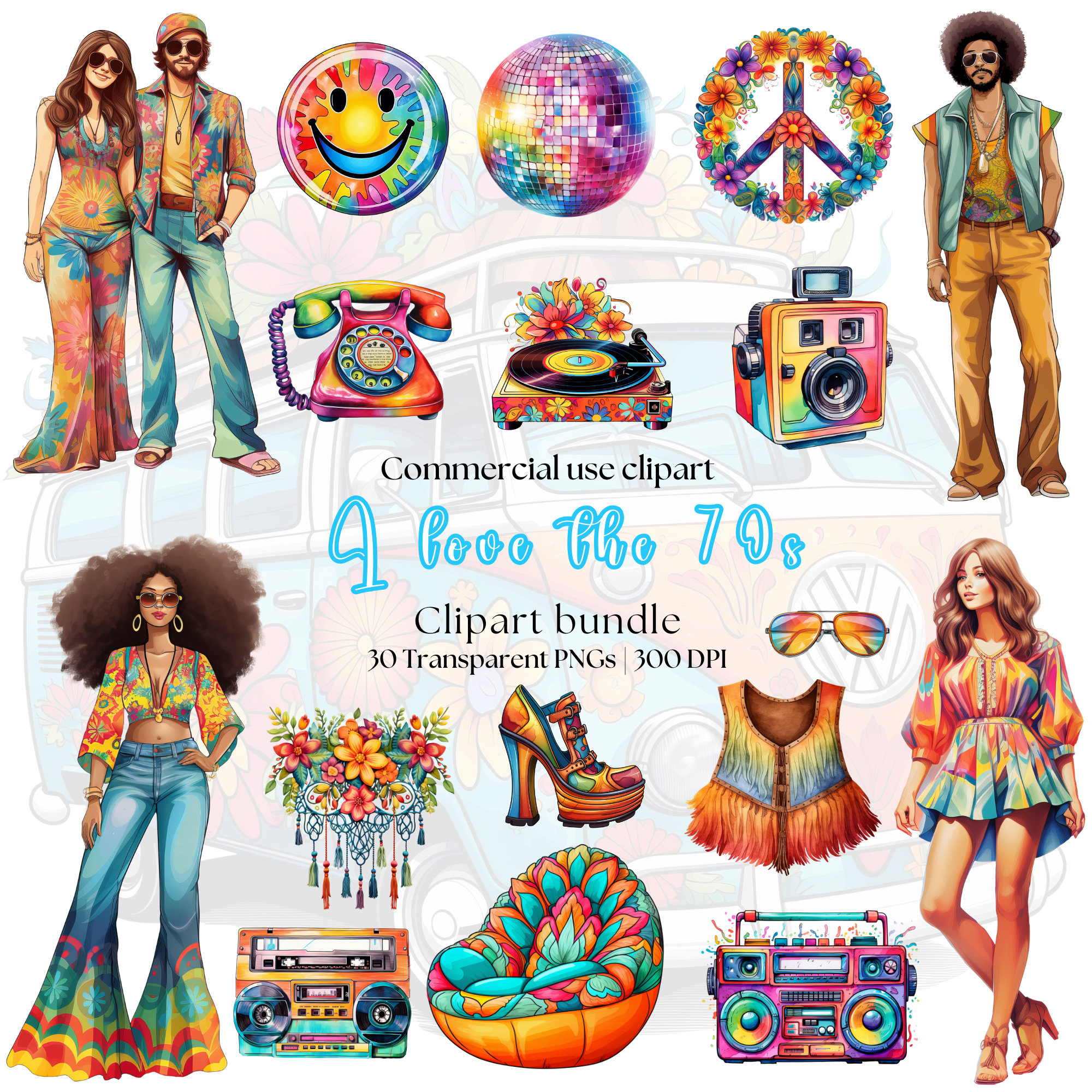 I Love the 70s Clipart Boho Hippie Retro Flower Retro Vibes Groovy ...