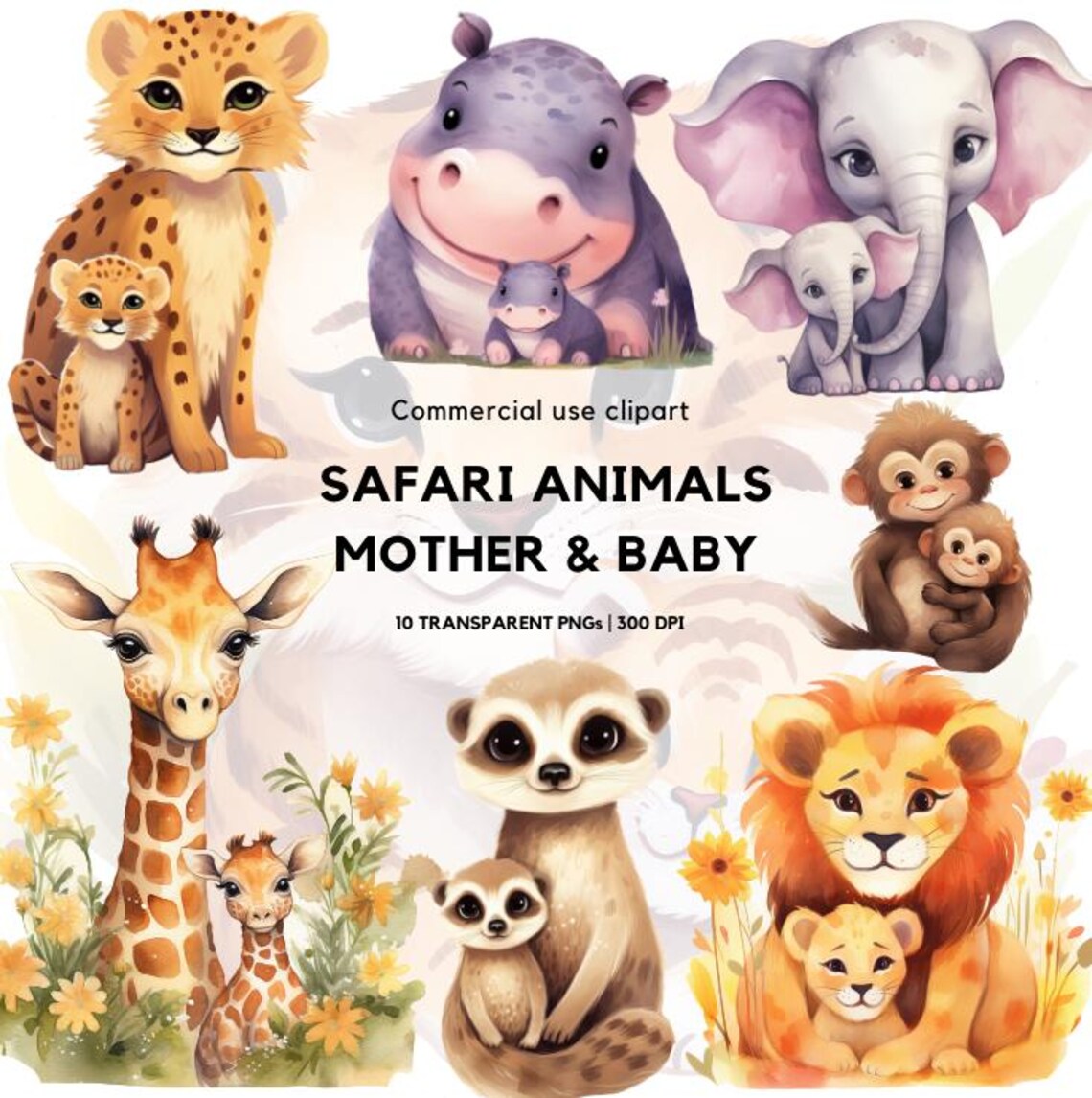 Watercolor Safari Animals Clipart: Mother & Baby Jungle PNG (digital ...
