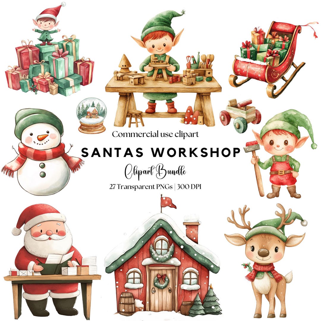 Santas Workshop Clipart | Winter Village Art | Cute Santa Claus | Cute ...