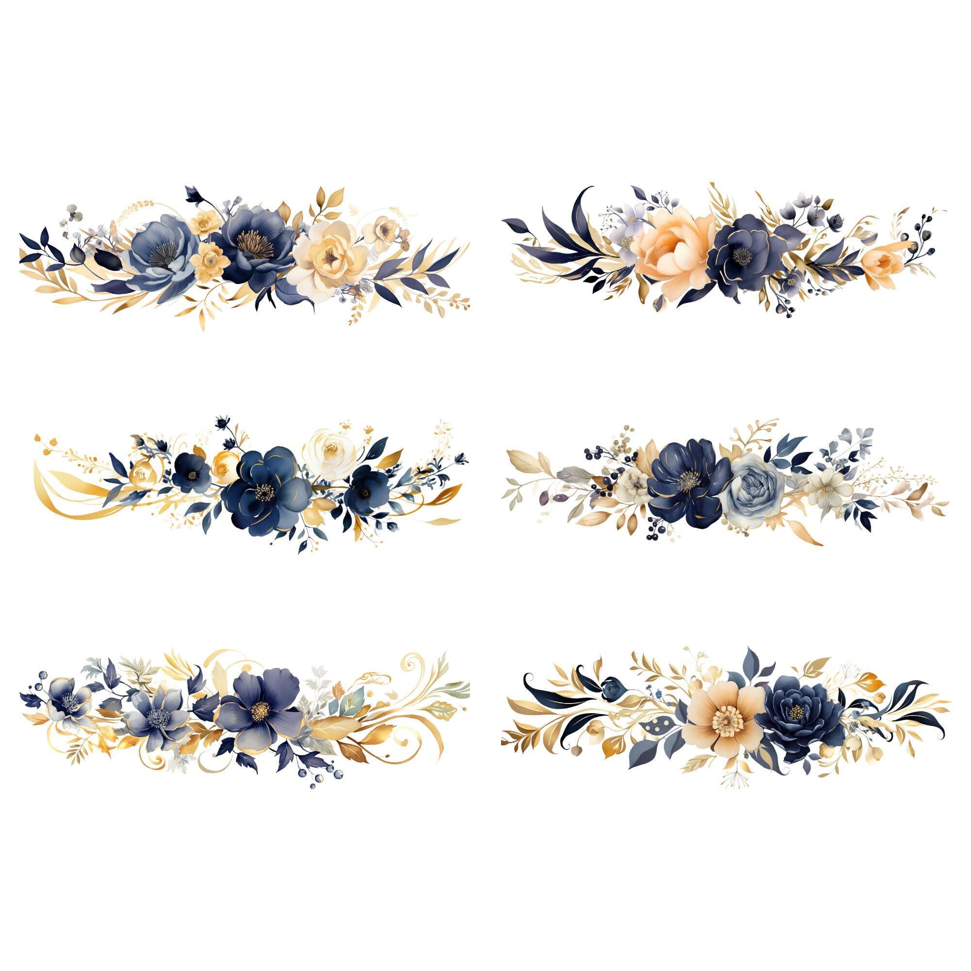 Navy and Gold Floral Clipart Navy Blue Flower Navy Blue Gold Roses ...
