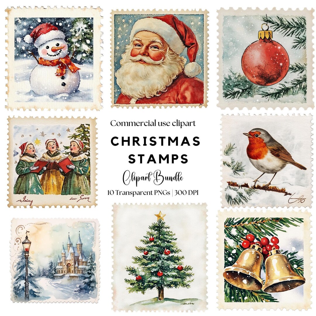 Vintage Santa Christmas Stamps Clipart: Festive Holiday Designs ...