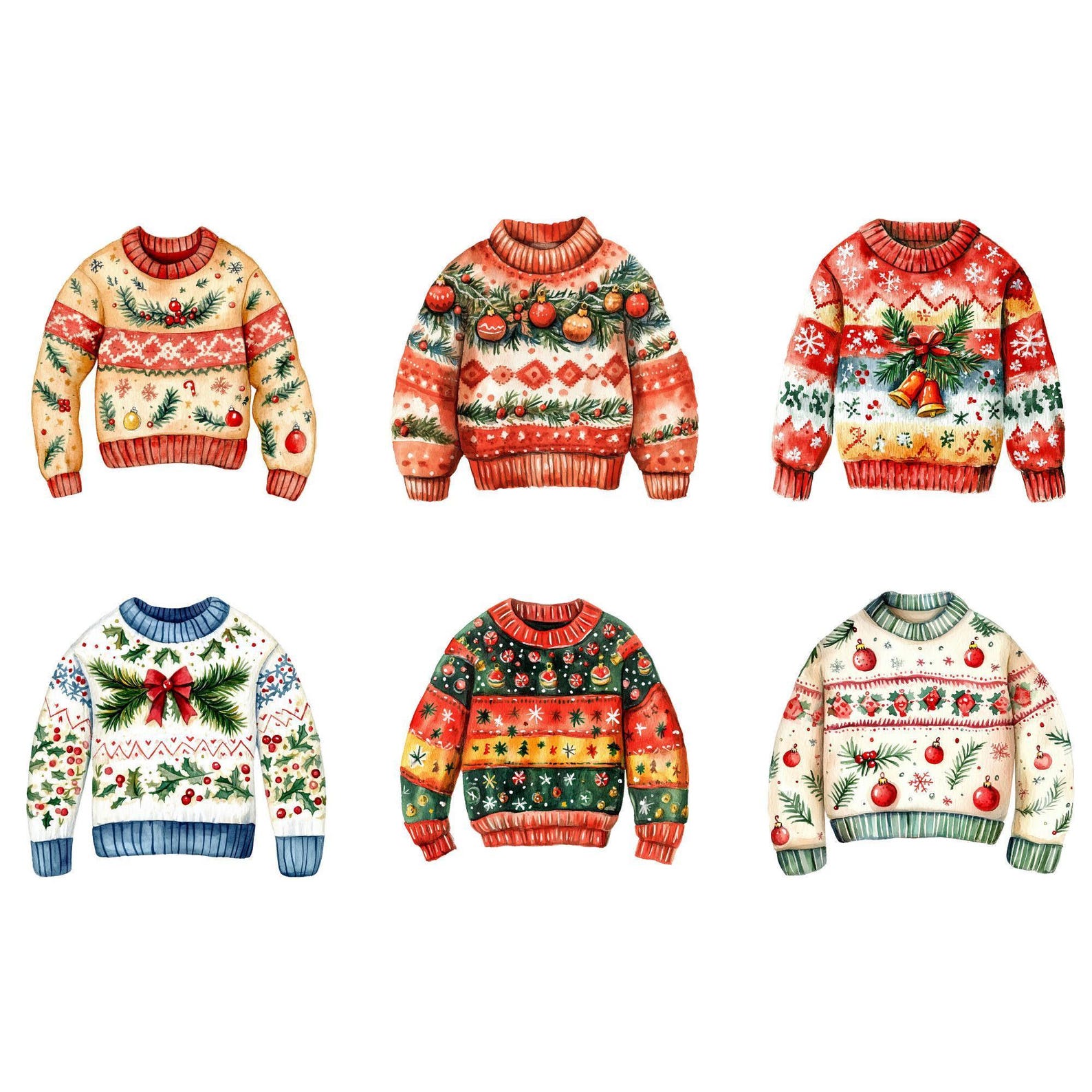 Watercolor Ugly Christmas Sweater Clipart: Festive Jumper PNG (digital ...