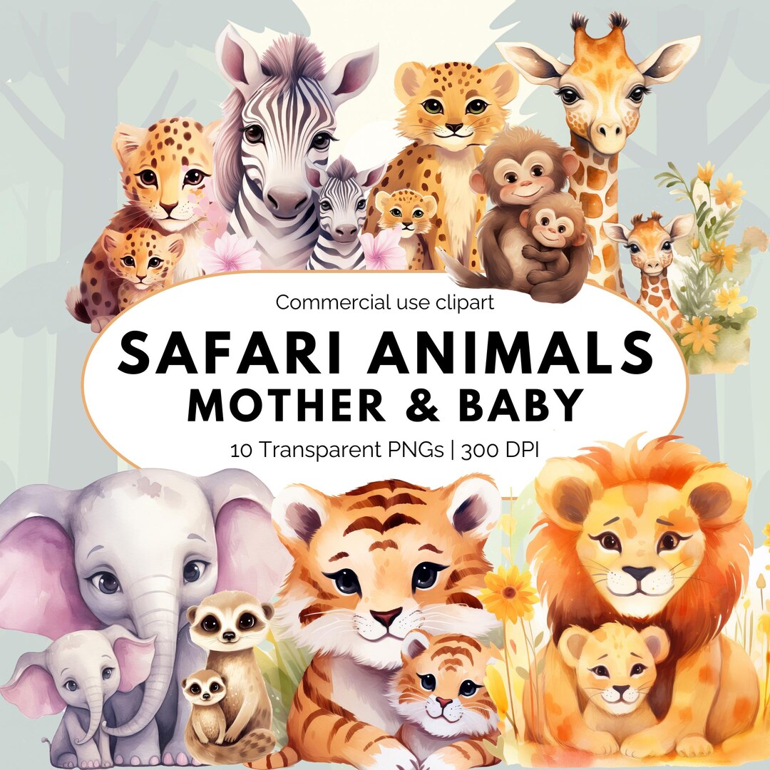 Safari Animals Mother and Baby Clipart Bundle, Watercolor Safari Family ...