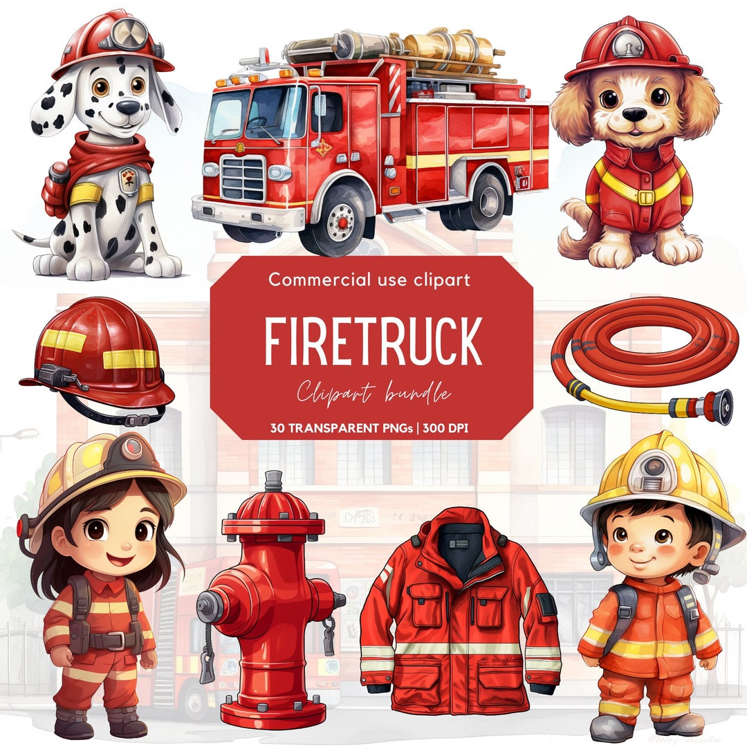 Watercolor Firetruck Clipart Firefighter Fire Station Fire Engine ...