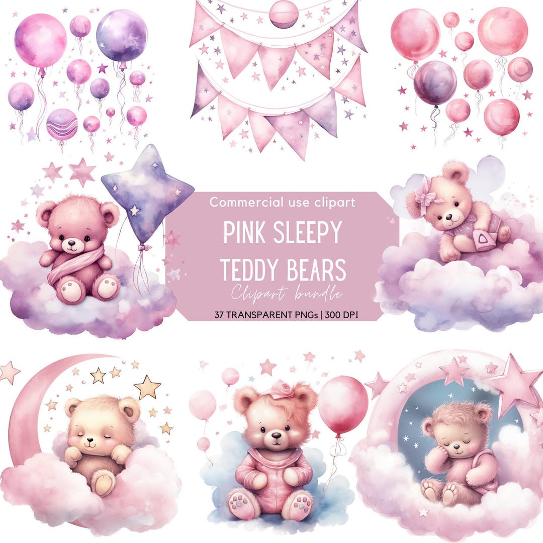 Pink Sleeping Teddy Bear Clipart | Baby Shower Clipart | Boho Teddy ...