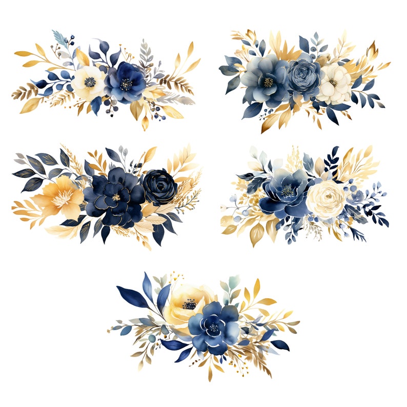 Navy and Gold Floral Clipart Navy Blue Flower Navy Blue Gold Roses ...