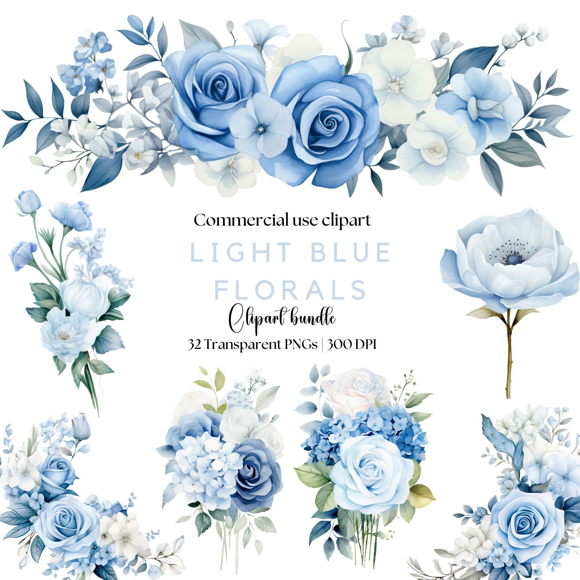 Watercolor Light Blue Floral Clipart Blue Roses Dusty Blue Flowers Blue ...