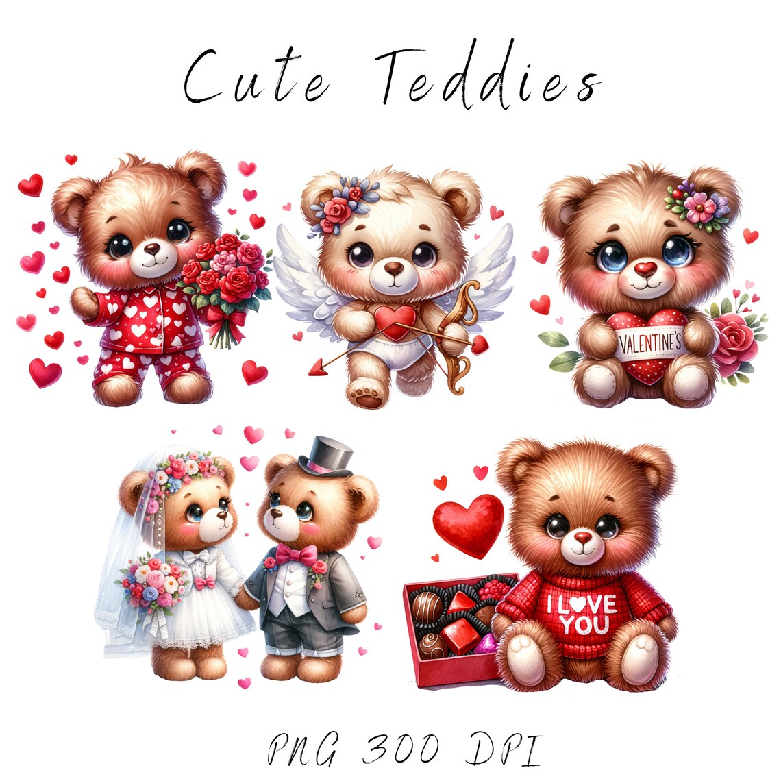 Valentine Teddy Bear Clipart Cute Bears Romantic Clipart Watercolor ...