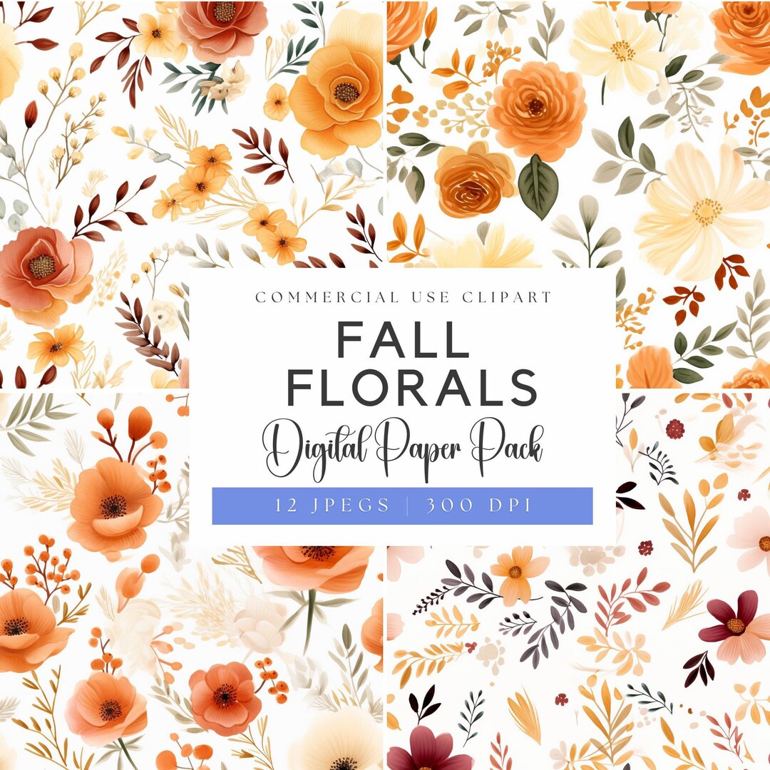 Watercolor Fall Floral Digital Papers: Terracotta Autumn Flowers (300 ...