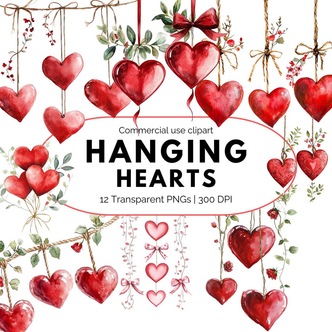Hanging Hearts Clipart Bundle, Watercolor Valentine Heart Garland Set ...