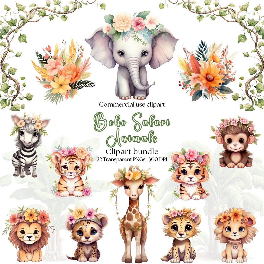 Watercolor Boho Safari Animal Clipart Jungle Animal Png Baby Jungle ...