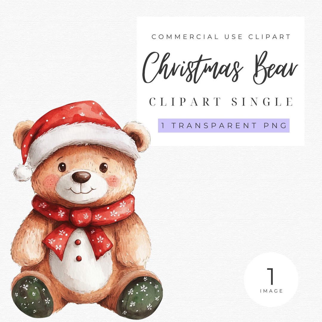 Watercolor Christmas Teddy Bear Clipart: Festive Bear PNG (digital ...
