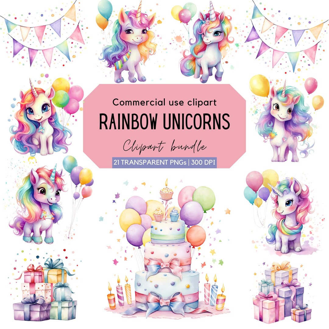 Watercolor Unicorn Clipart Rainbow Clipart Unicorn Party Birthday ...