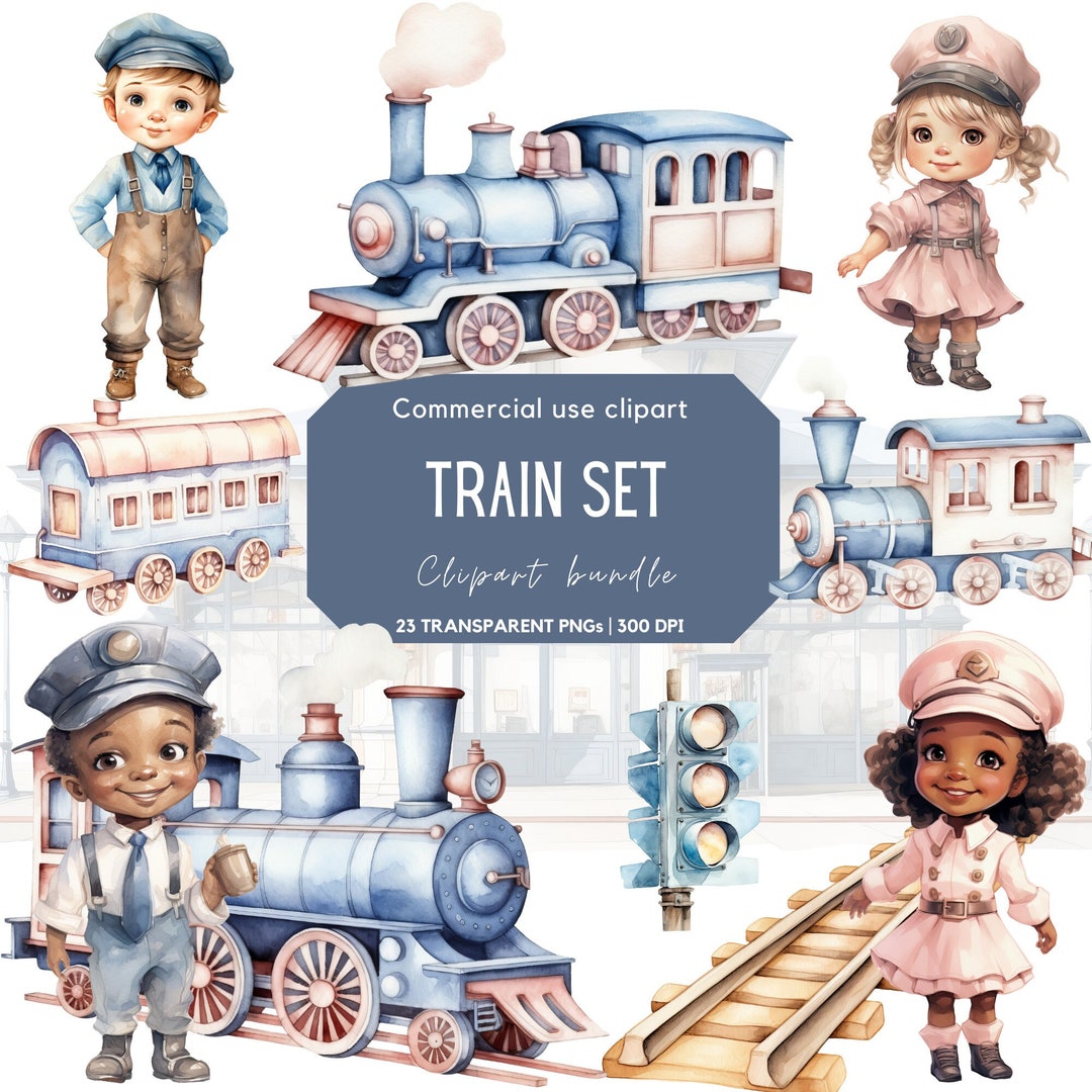 Watercolor Train Set Clipart Steam Train Toy Train Set Locomotive Steam ...