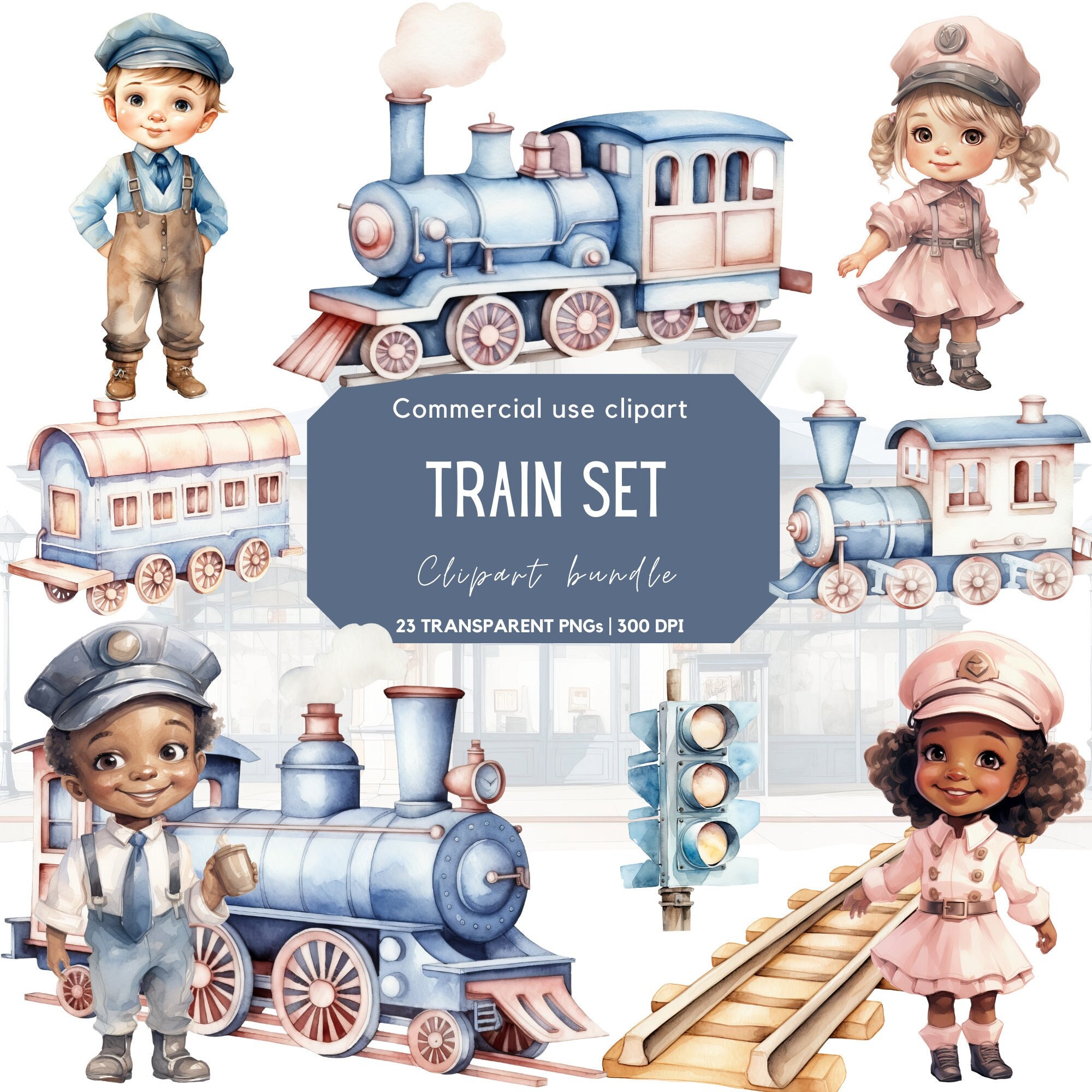 Watercolor Train Set Clipart Steam Train Toy Train Set Locomotive Steam ...