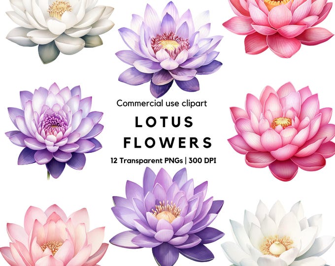 Pink Lotus Flower Clipart Set, Watercolor PNG Images, Scrapbooking ...