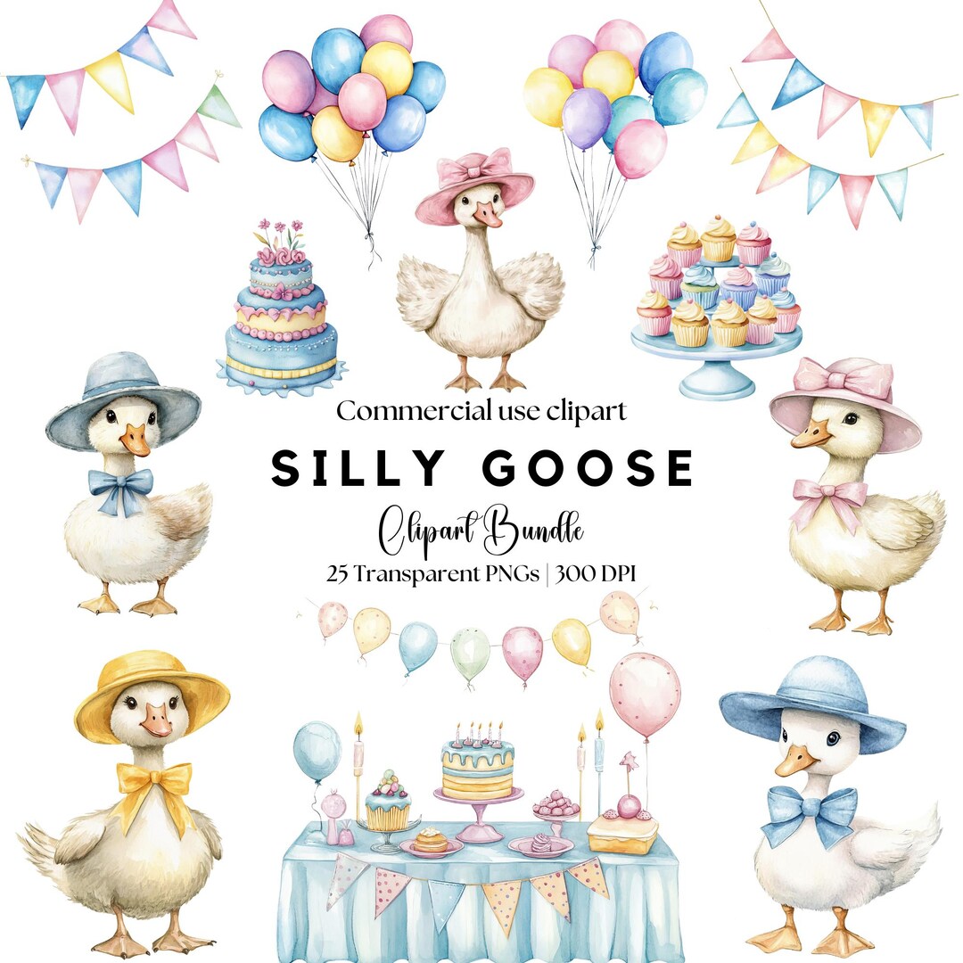 Silly Goose With Balloon Clipart | Watercolor Goose Birthday | Silly ...