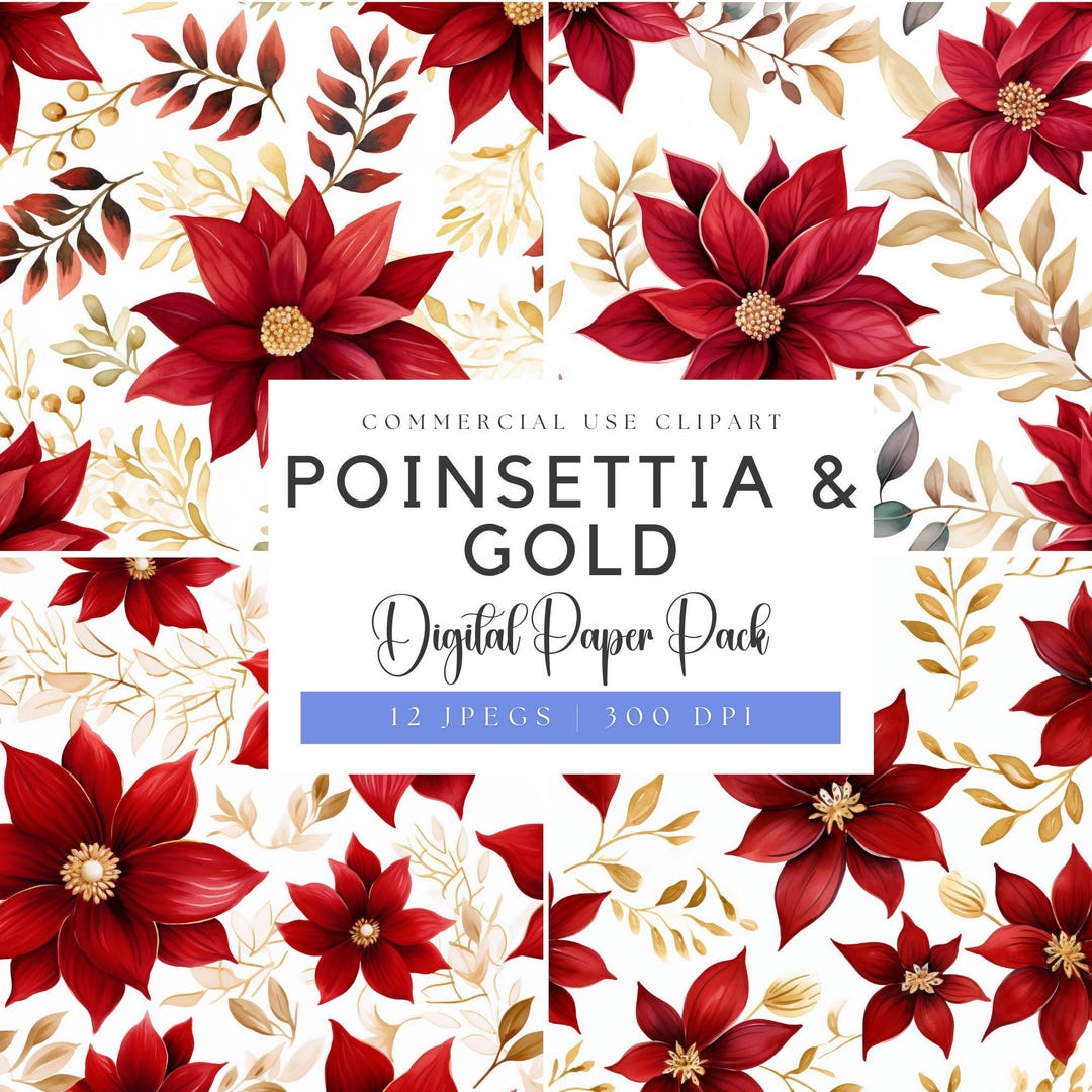 Poinsettia Gold Floral Digital Paper: Christmas Watercolor Backgrounds ...