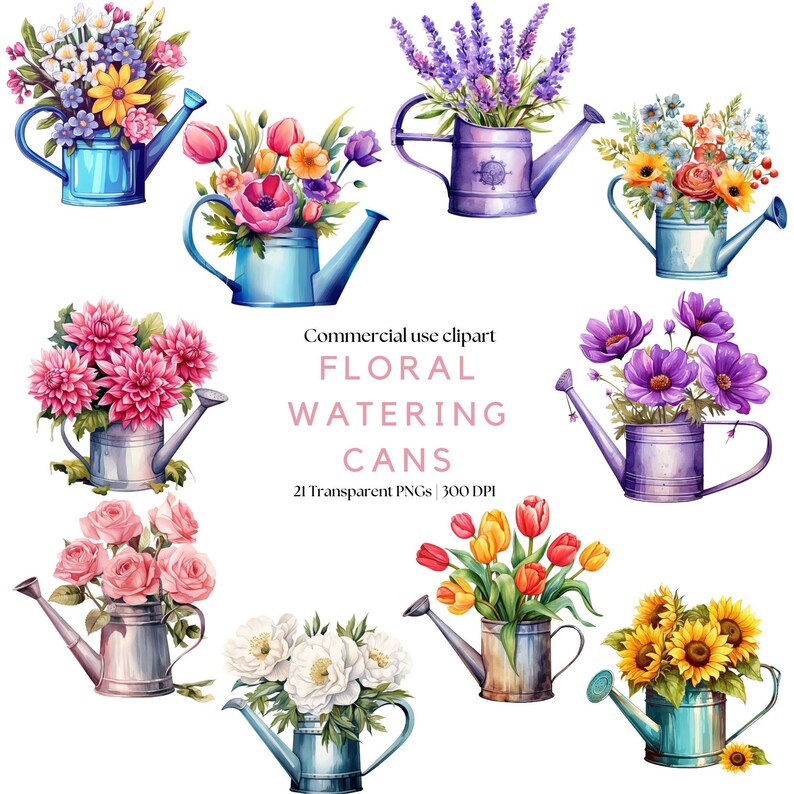 Watercolor Floral Watering Can Clipart Watering Can Png Watering Can ...