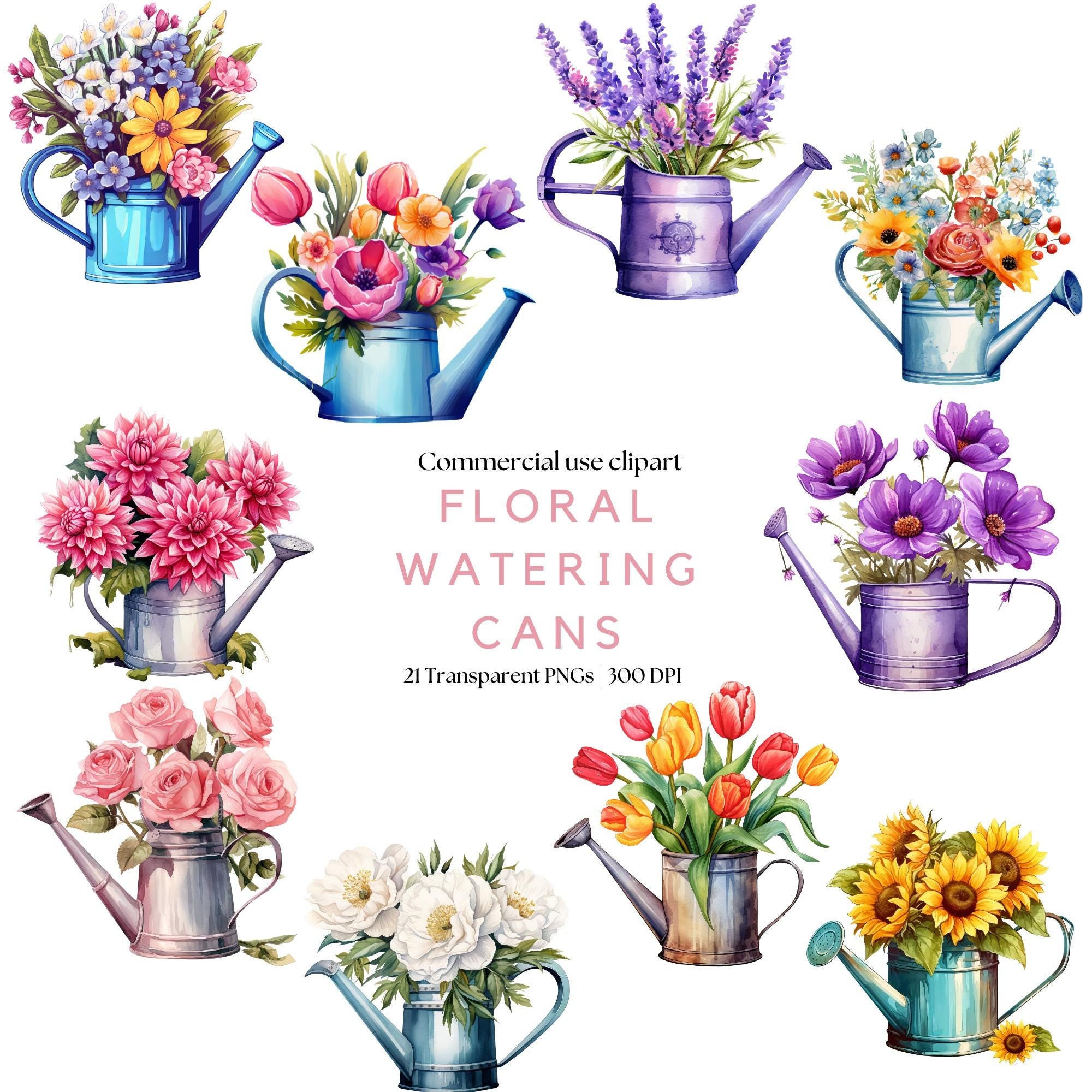 Watercolor Floral Watering Can Clipart Watering Can Png Watering Can ...