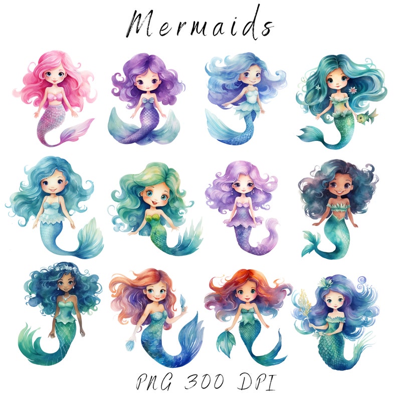 Watercolor Under the Sea Clipart Mermaid Cute Sea Animals Sea Life ...