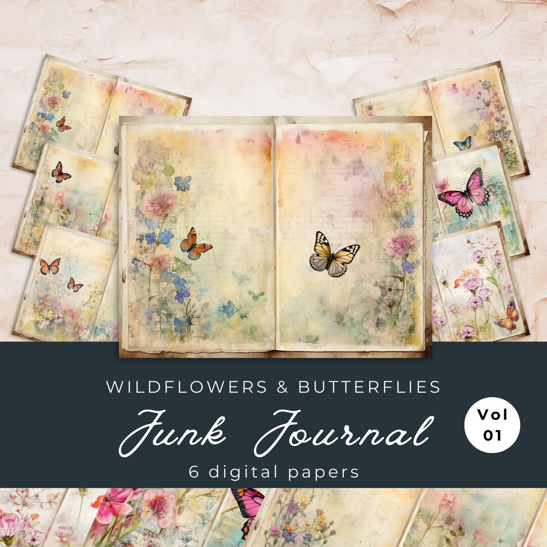 Wildflower Butterfly Junk Journal Pages: Vintage Floral Scrapbook ...