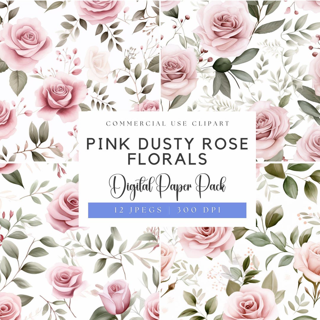 Dusty Pink Rose Digital Papers: Watercolor Floral Backgrounds (jpegs ...