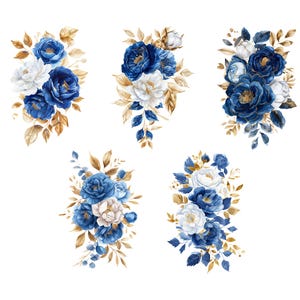 Watercolor Royal Blue Floral Clipart | Blue Flower Png | Blue and Gold ...