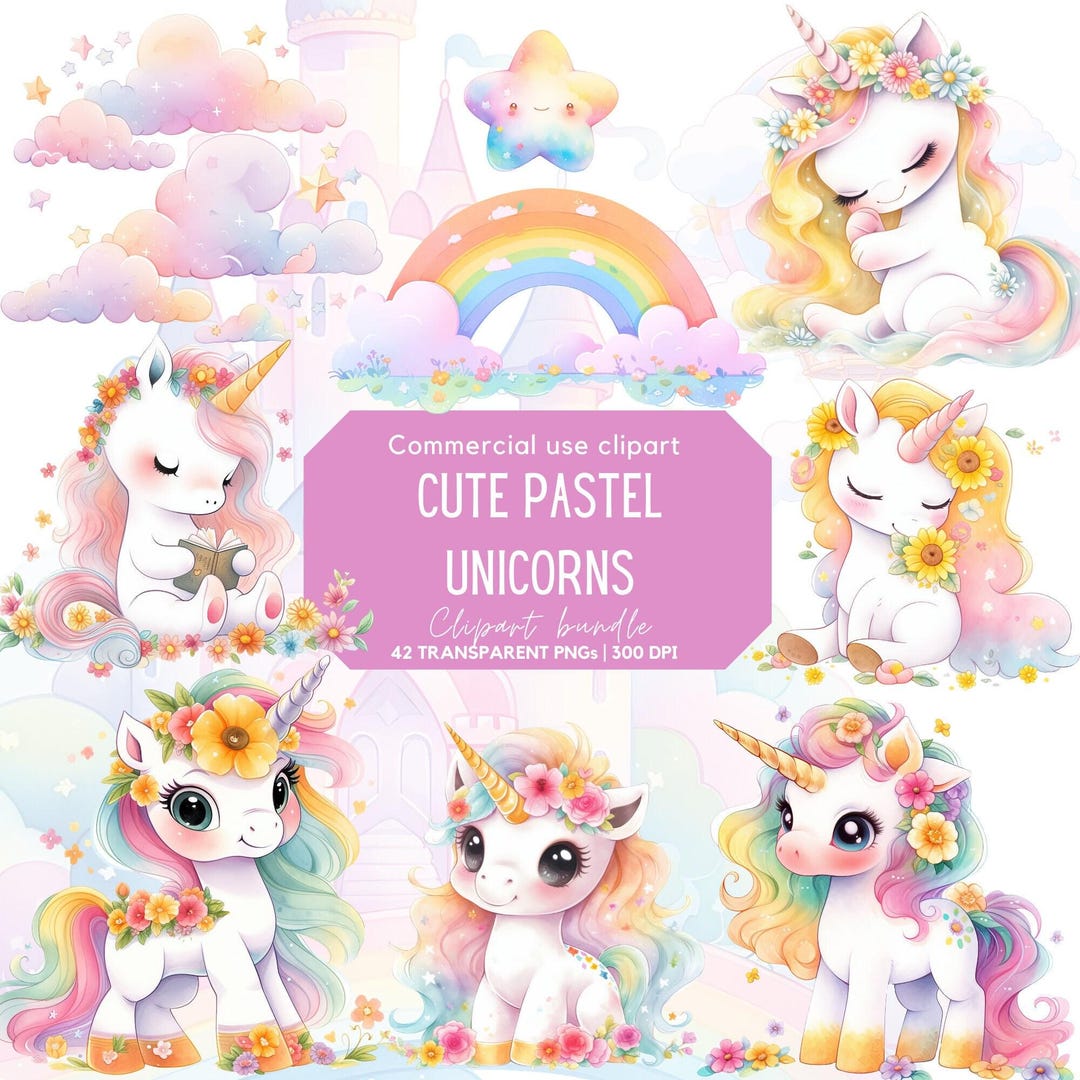 Watercolor Cute Pastel Unicorn Clipart | Rainbow | Unicorn Birthday ...