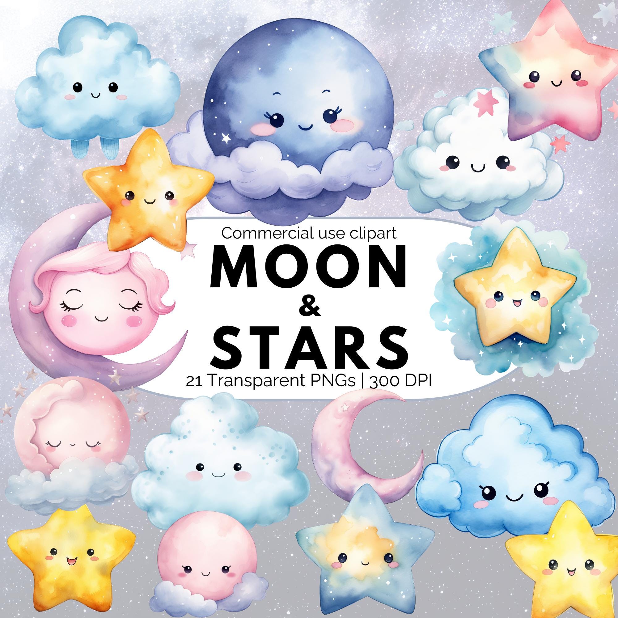 Moon and Stars Clipart Bundle, Watercolor Celestial Nursery PNG Set ...