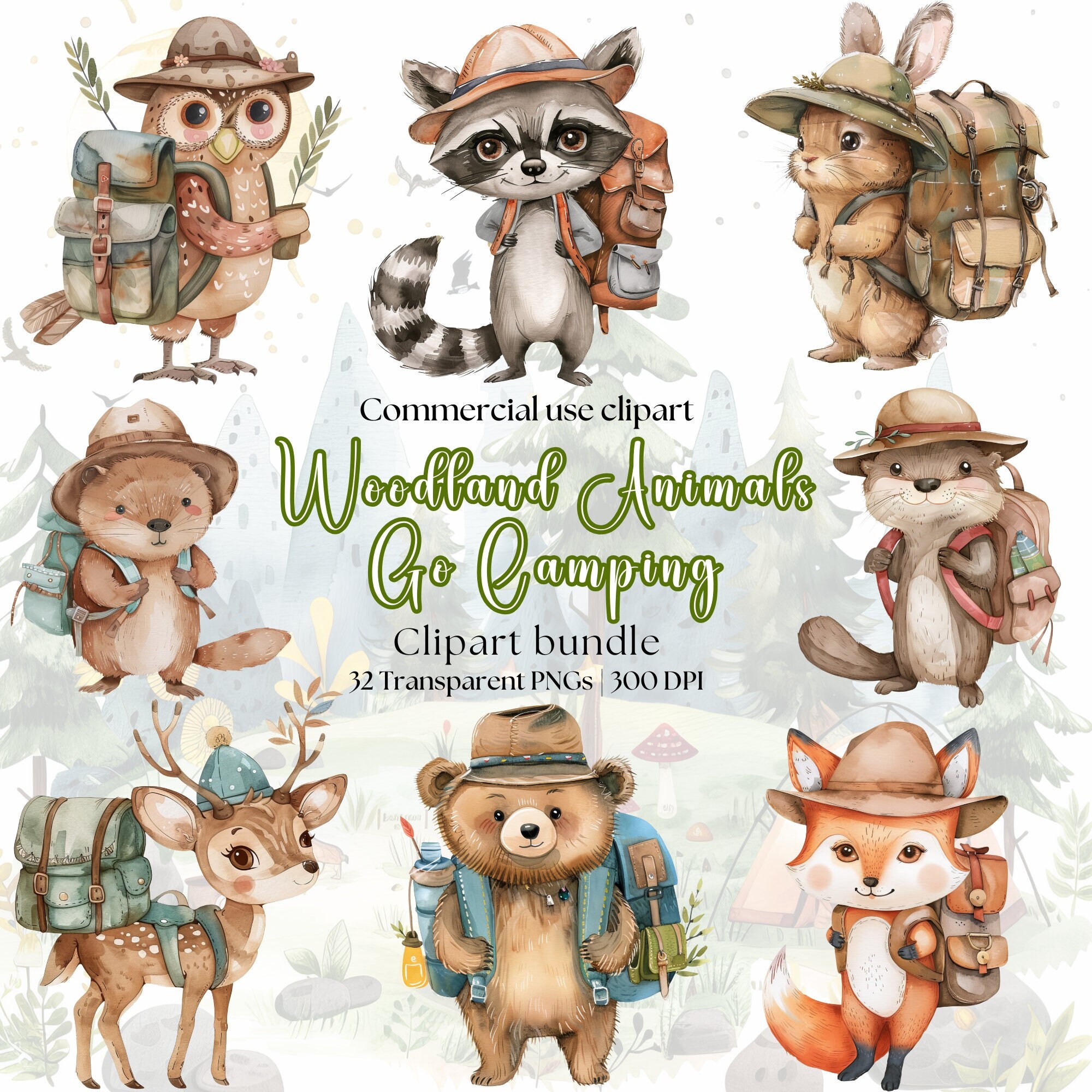 Watercolor Woodland Animals Go Camping Clipart Summer Camp Cute Animals ...