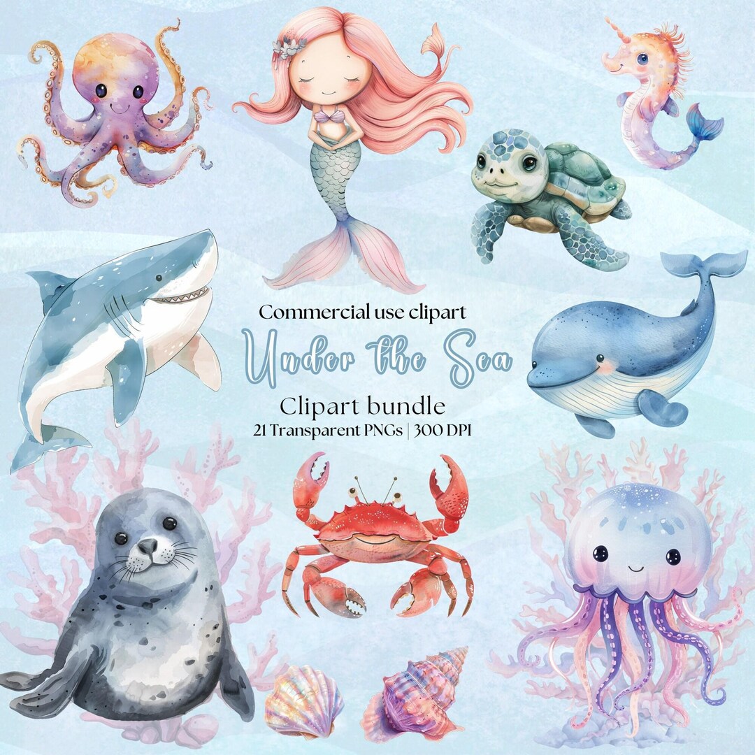 Watercolor Sea Animals Clipart: Nautical Nursery Decor (digital ...