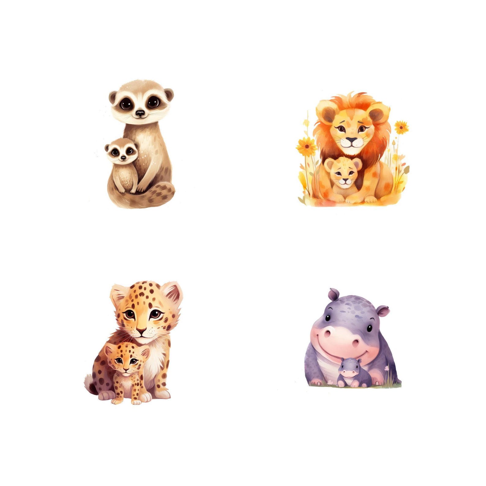 Watercolor Safari Animals Clipart: Mother & Baby Jungle PNG (digital ...