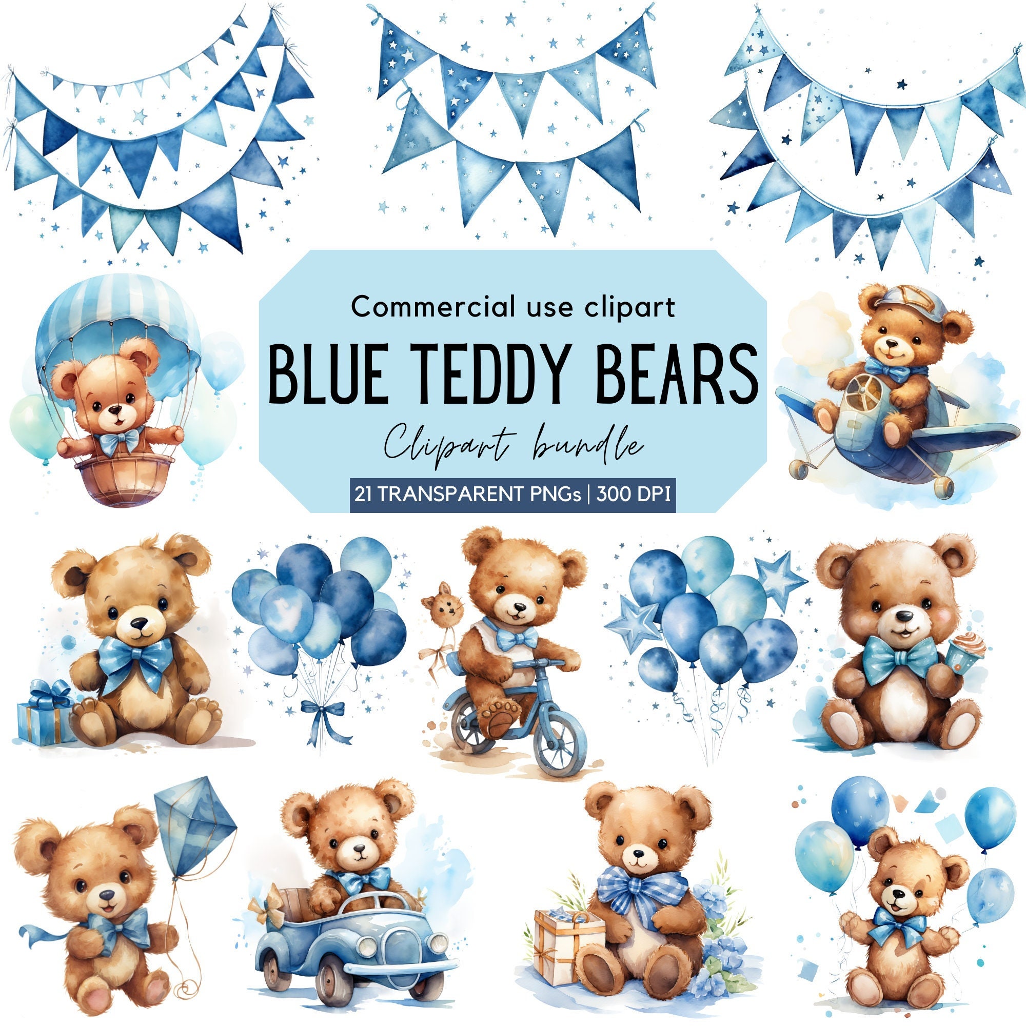 Watercolor Teddy Bear Clipart Baby Shower Cute Teddy Blue Teddy Bear on ...