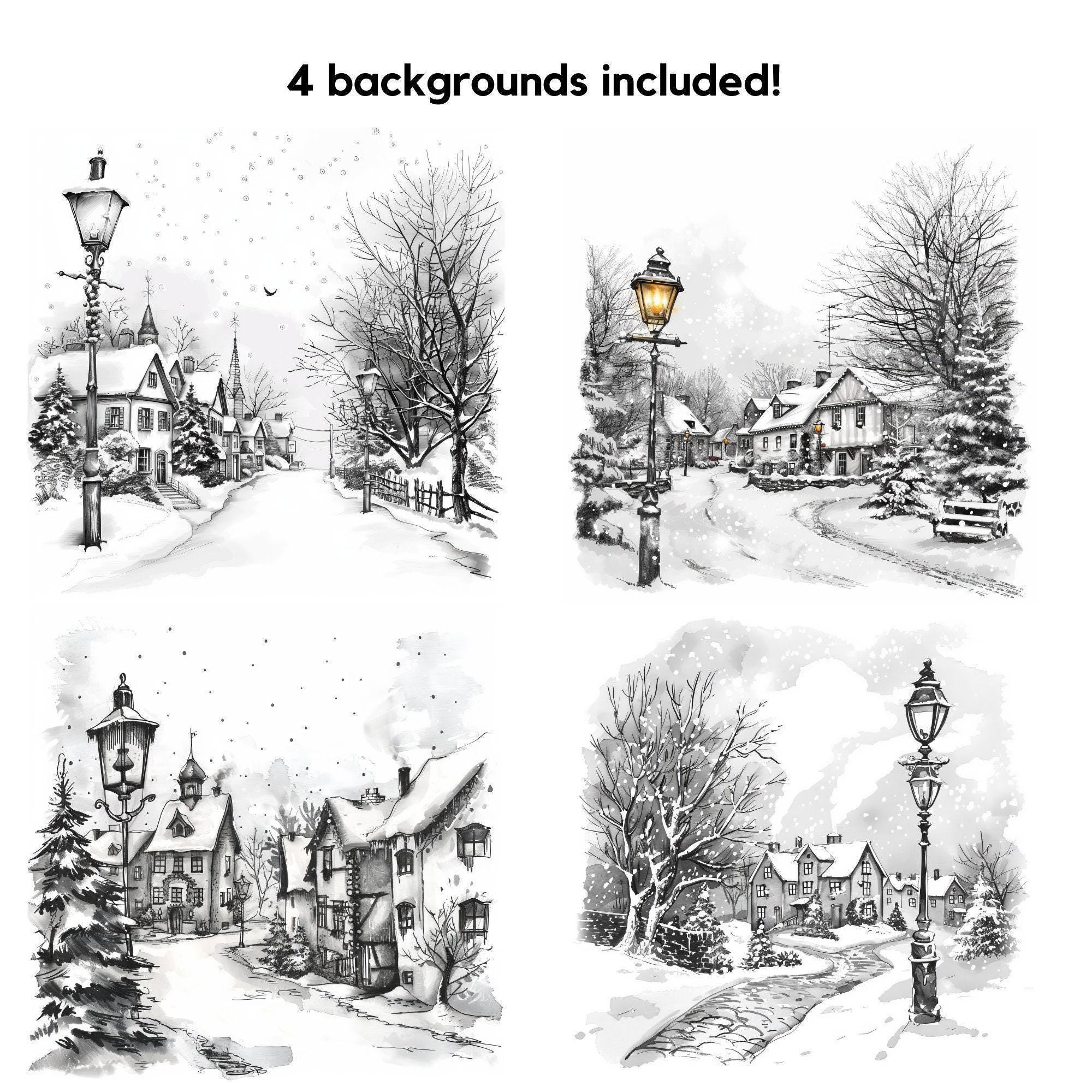 Watercolor Christmas Clipart: Black and White Holiday Graphics (digital ...