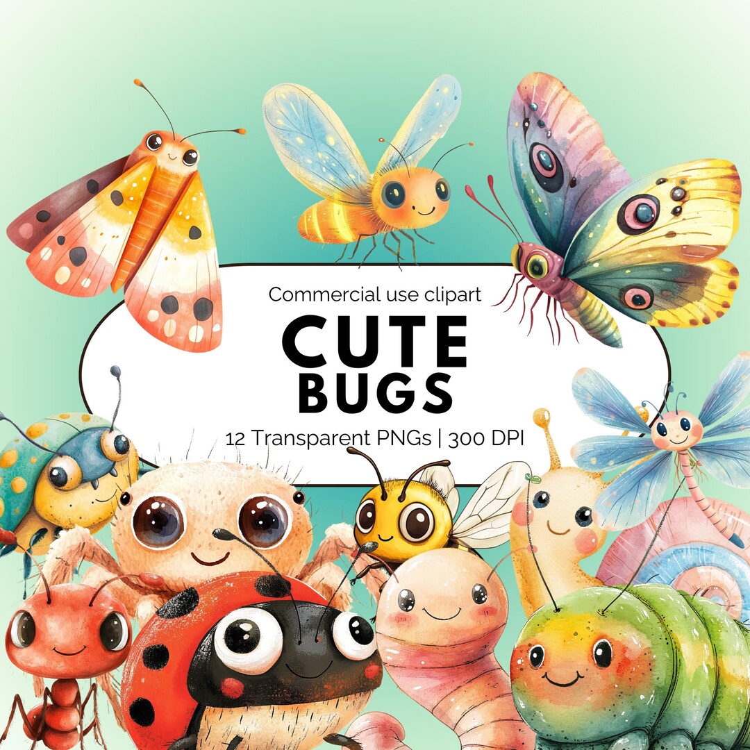 Cute Bugs Clipart Bundle, Watercolor Insects PNG Set, Butterfly Bee ...