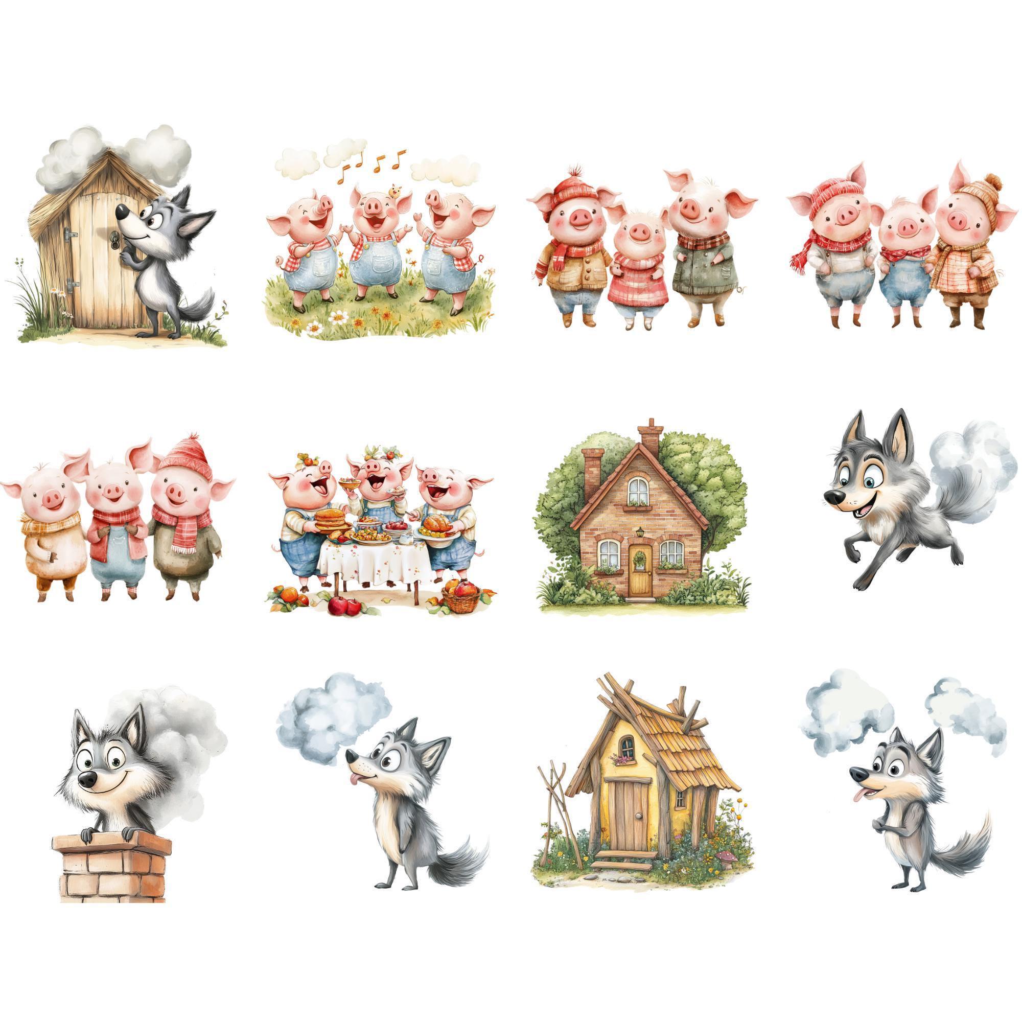 Three Little Pigs Fairytale Big Bad Wolf Clipart Pack for Baby Nursery ...