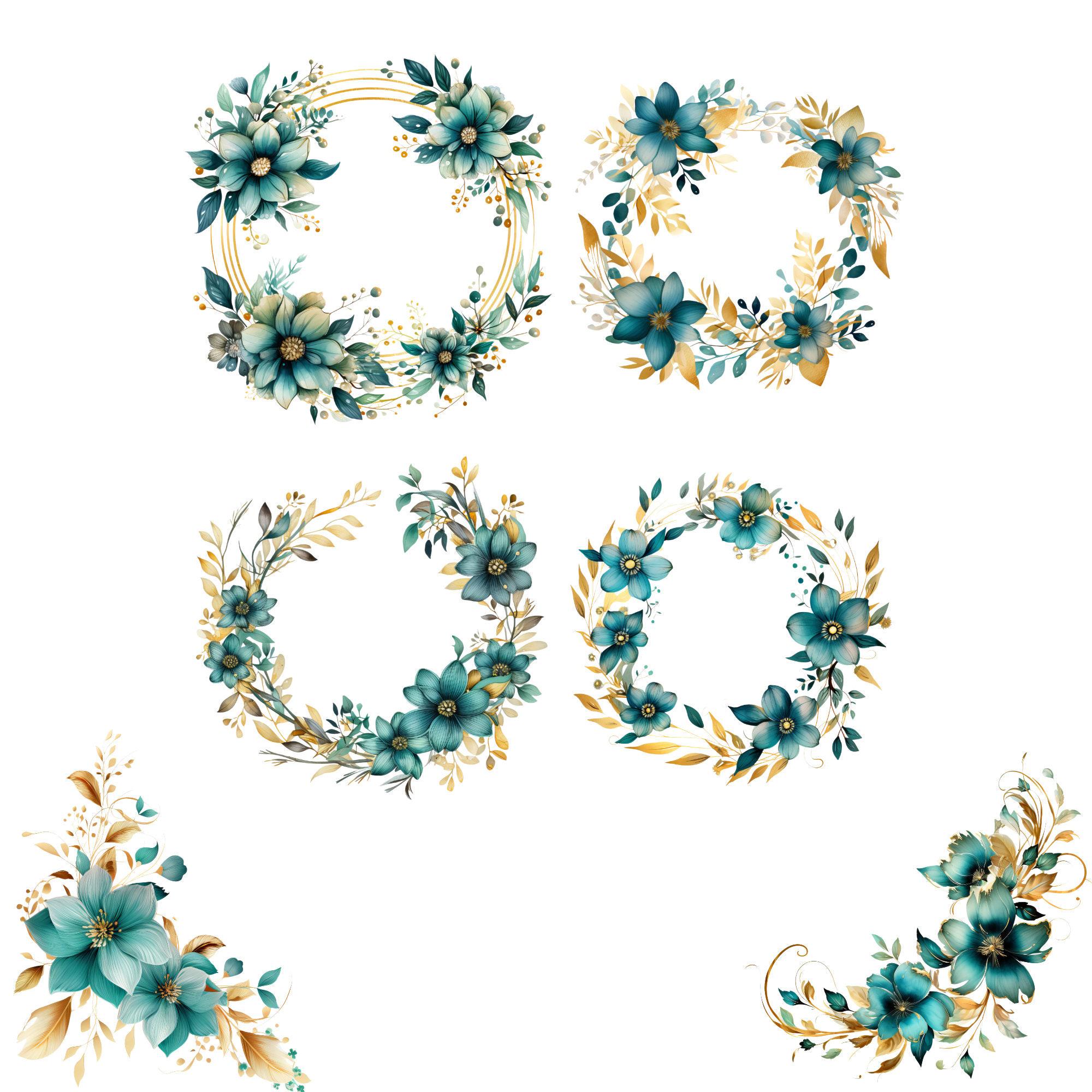 Watercolor Teal & Gold Floral Clipart: Wedding Invitation Graphics ...