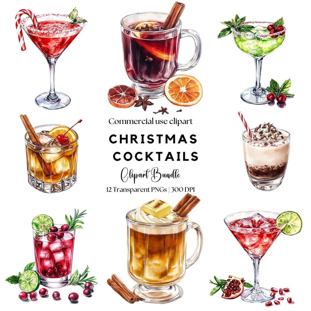 Watercolor Christmas Cocktails Clipart: Festive Drink PNG (digital ...