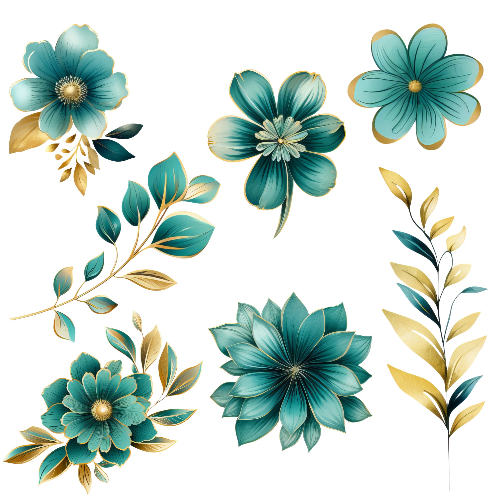 Watercolor Teal & Gold Floral Clipart Wedding Watercolor Flowers ...