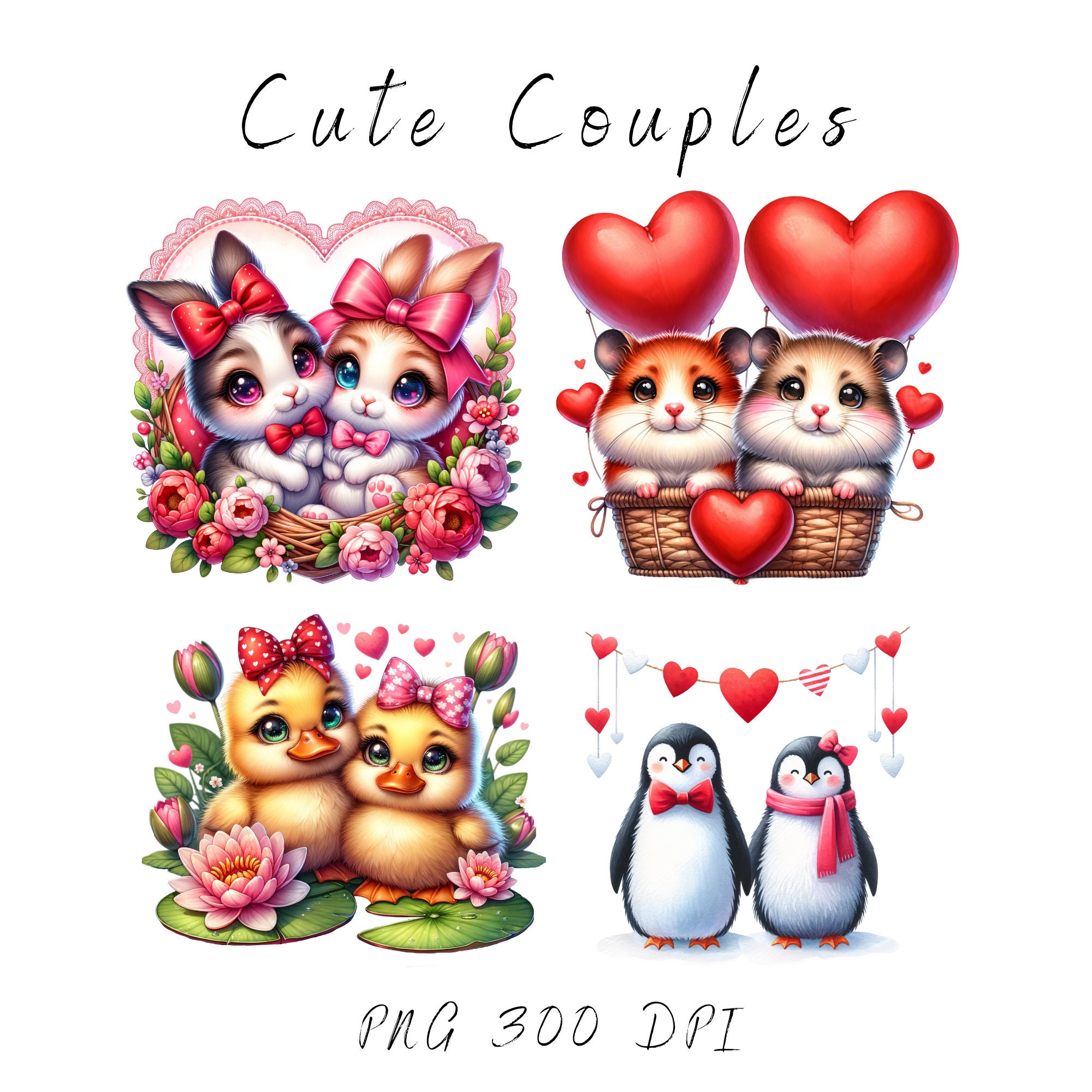 Valentines Animal Couples Clipart Cute Animal Romantic Valentines Day ...