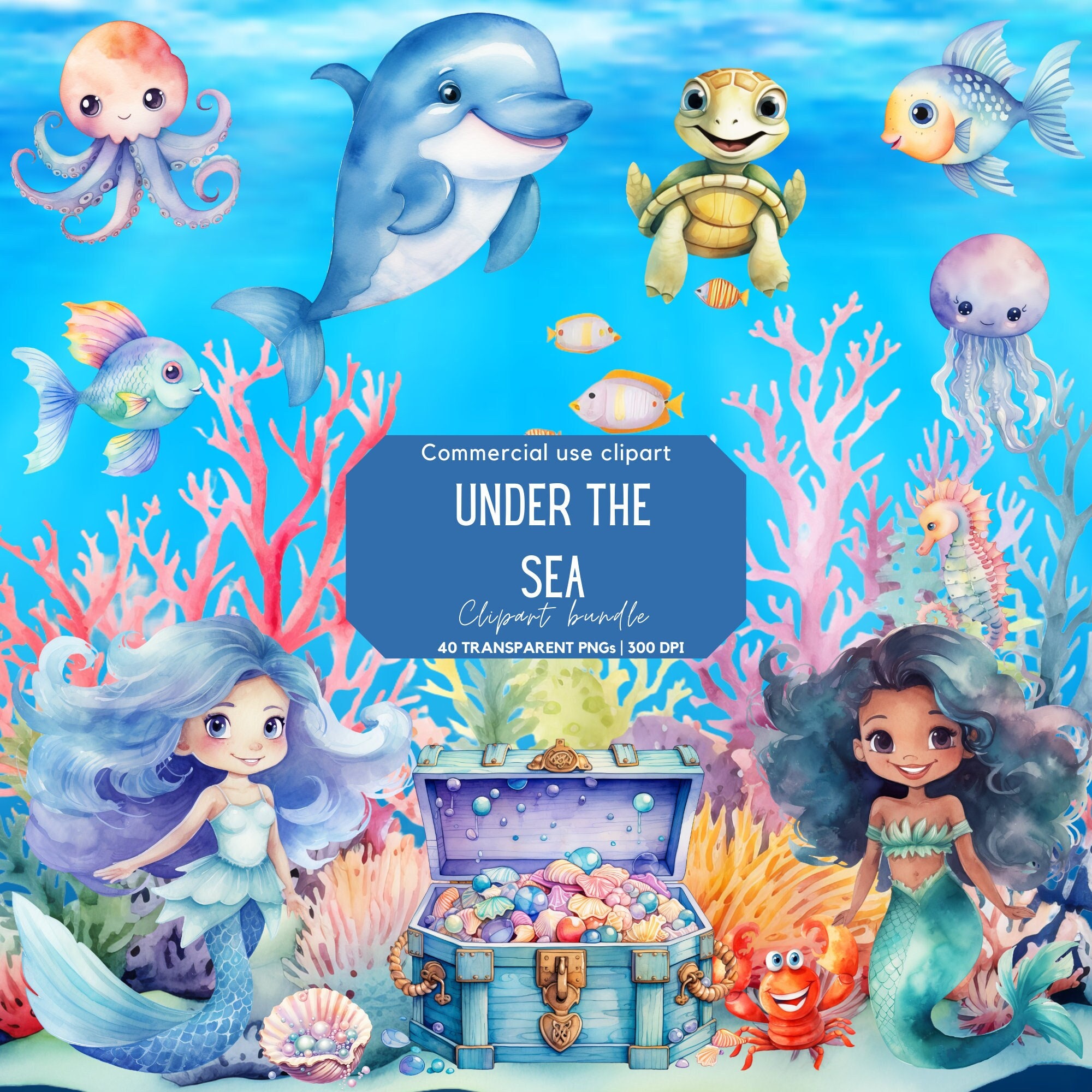 Watercolor Under the Sea Clipart Mermaid Cute Sea Animals Sea Life ...