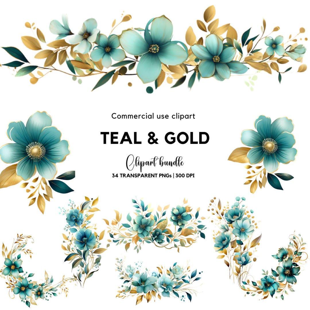Watercolor Teal & Gold Floral Clipart: Wedding Invitation Graphics ...