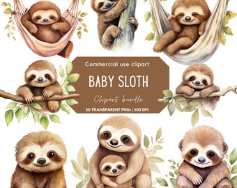 Cute Sloth Tropical Clipart, Watercolor Baby Animal Clipart, Safari ...