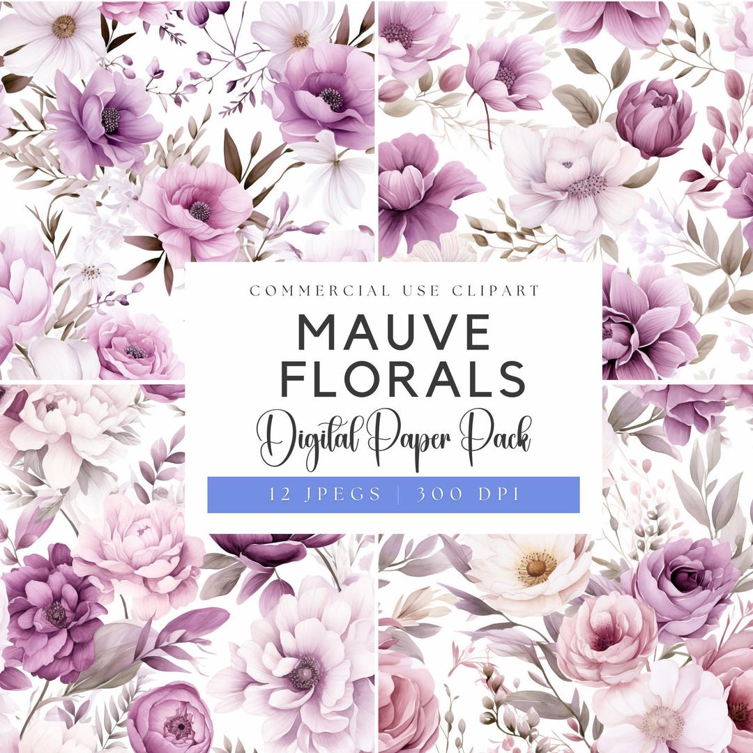 Watercolor Mauve Floral Digital Papers: Purple Wedding Flowers (300 DPI ...