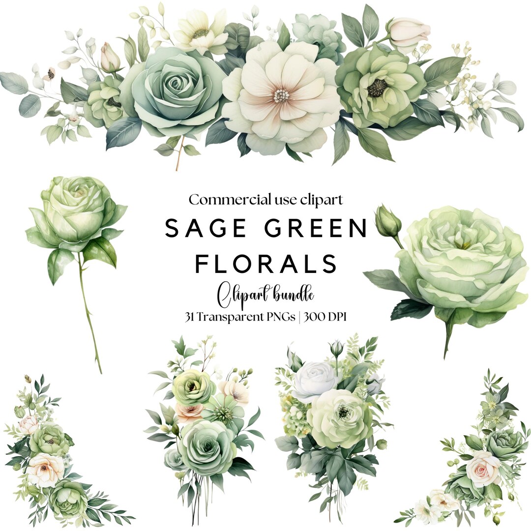 Sage Green Floral Clipart | Sage Green Rose | Sage Green Peony ...