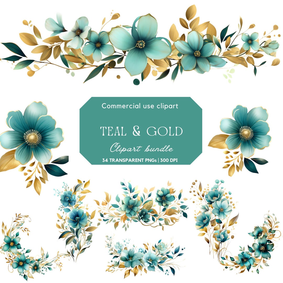 Watercolor Teal & Gold Floral Clipart | Wedding | Watercolor Flowers ...