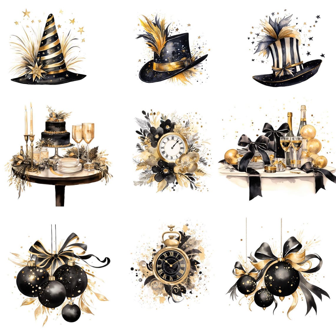 Black & Gold New Year's Eve Clipart: Party Celebration PNG (digital ...