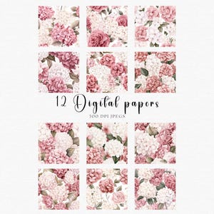 Watercolor Dusty Pink Hydrangea and Rose Floral Digital Papers | Blush ...