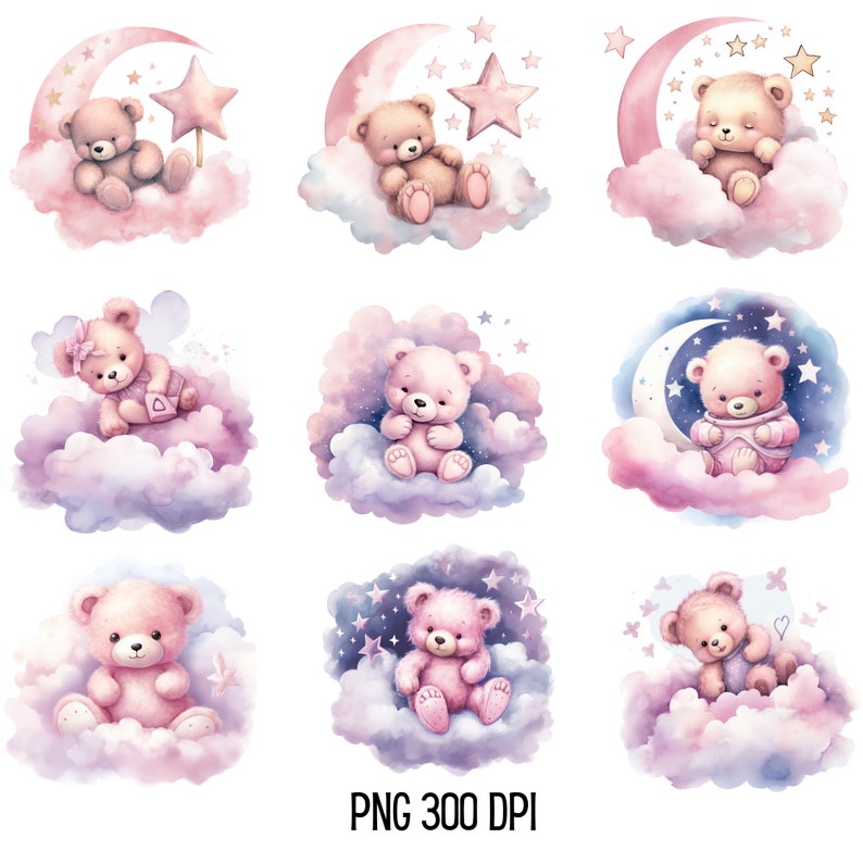 Pink Sleeping Teddy Bear Clipart Baby Shower Clipart Boho Teddy Bear ...
